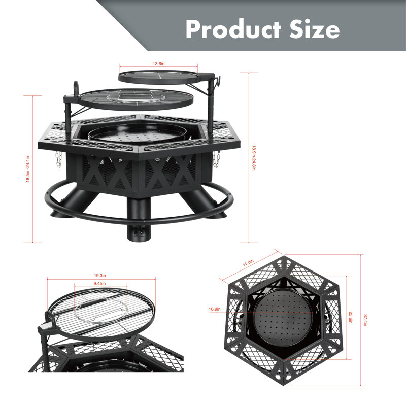 Arlmont & Co. Outdoor Hex-shaped Ranch Wood Burning Fire Pit With Cooking Grill, 37.4 In. Black ...